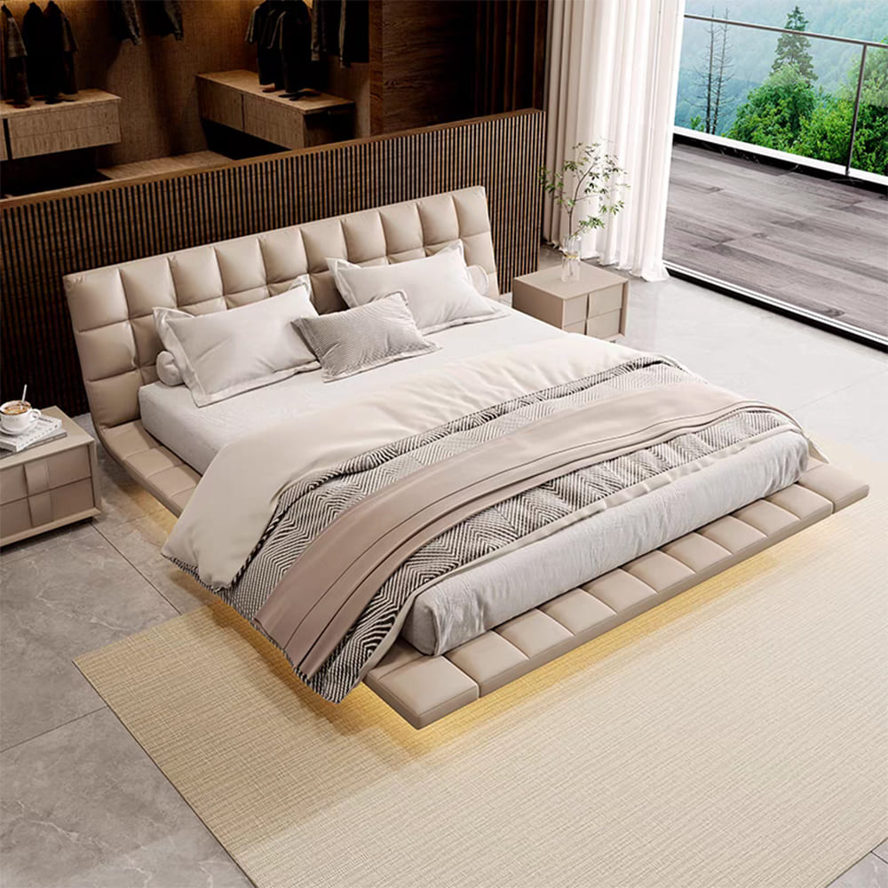 Dick Genuine Leather Floating Bed Frame Modern Luxury with Grid Patter ...