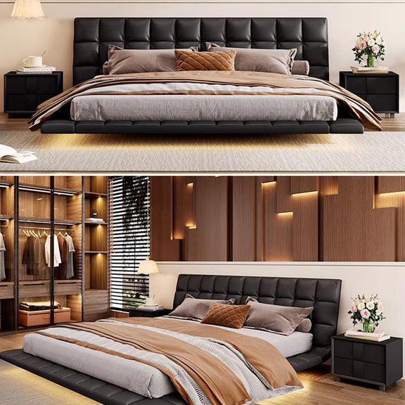 Dick Genuine Leather Floating Bed Frame Modern Luxury with Grid Patter ...