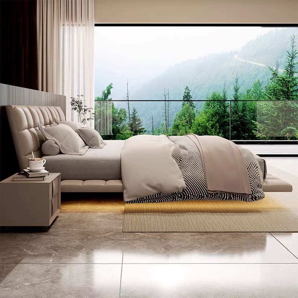 Dick Genuine Leather Floating Bed Frame Modern Luxury with Grid Patter ...