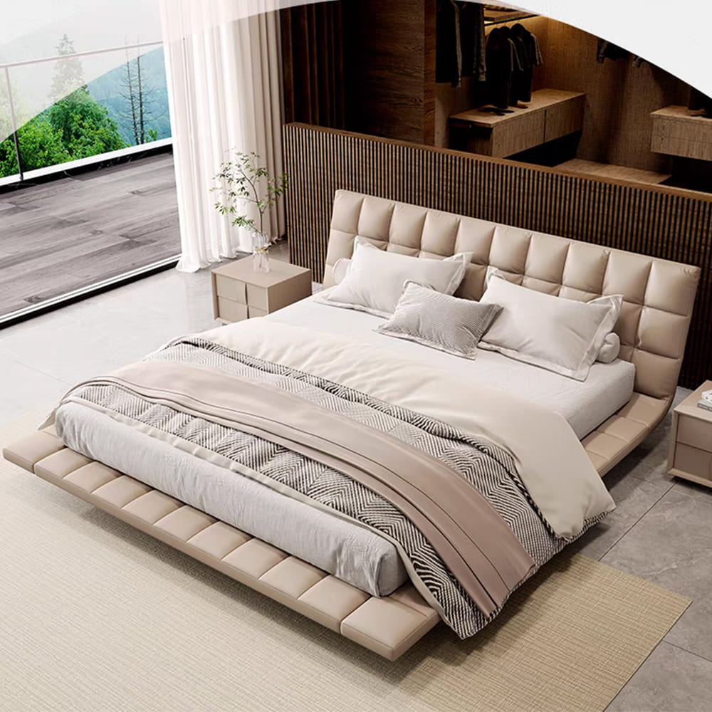 Dick Genuine Leather Floating Bed Frame Modern Luxury with Grid Patter ...