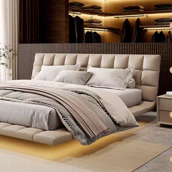 Dick Genuine Leather Floating Bed Frame Modern Luxury with Grid Patter ...