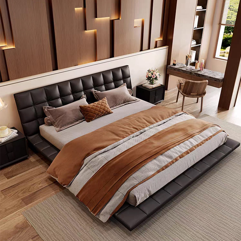 Dick Genuine Leather Floating Bed Frame Modern Luxury with Grid Patter ...