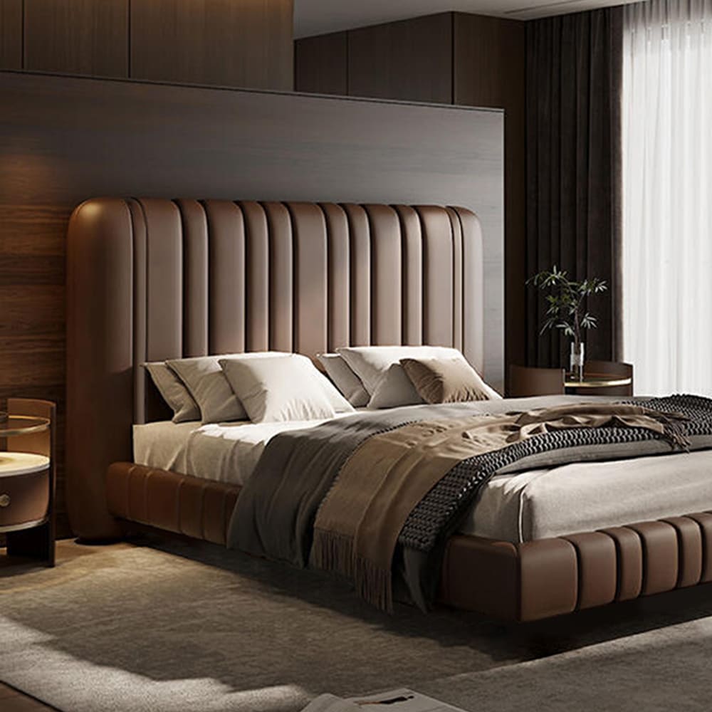 Magee Genuine Leather Bed with Tall Vertical Channel Upholstered Headb ...