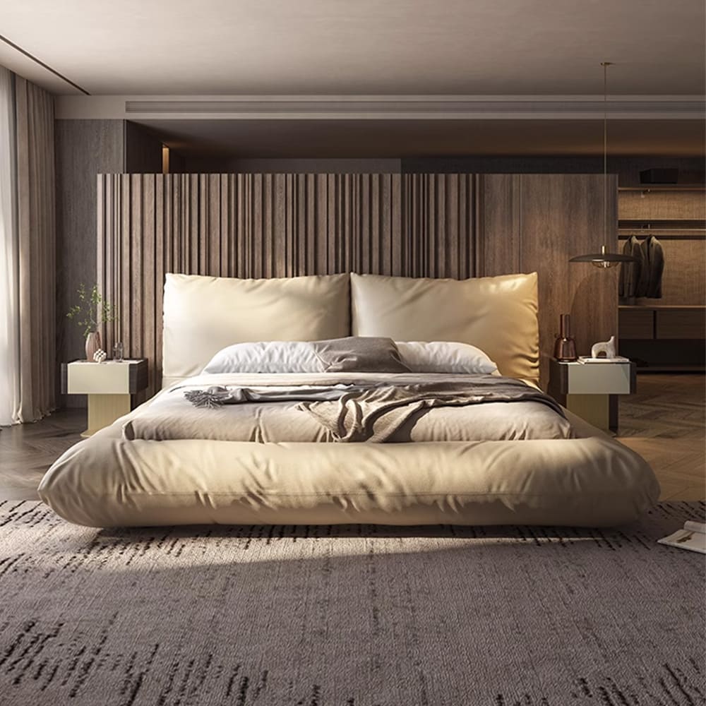 Samuel Genuine Leather Modern Low-Profile Padded Bed Frame with Pillow ...