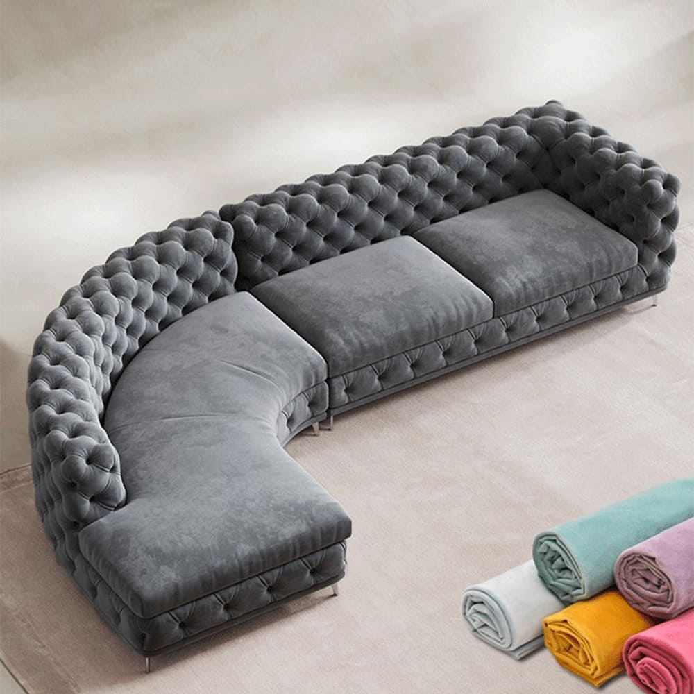Ulysses Velvet Curved Sectional Sofa 6-Seater Luxury Deep Button Uphol ...